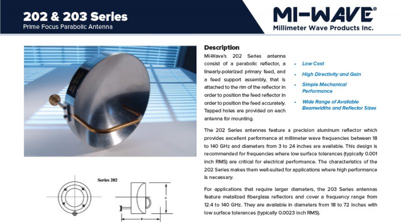 Prime Focus Antennas for 12GHz to 140GHz Applications